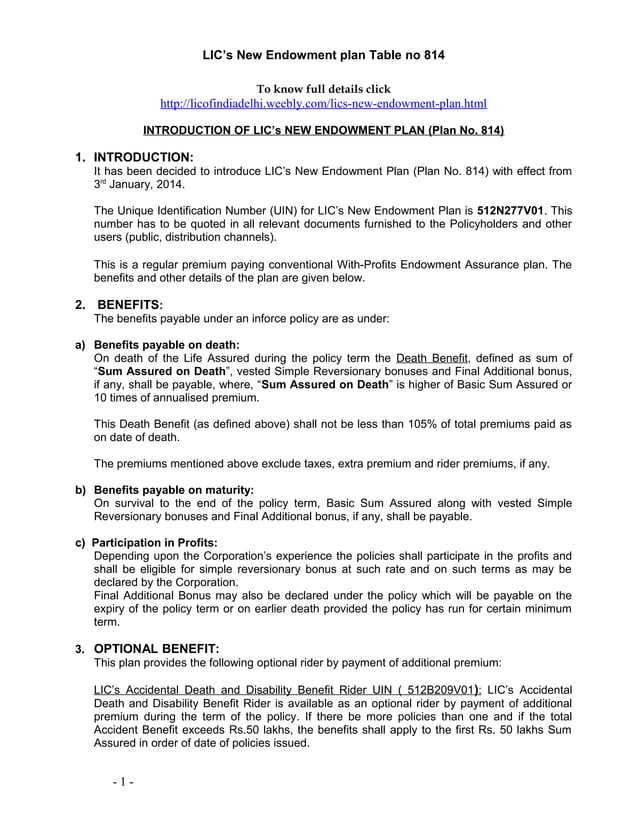 LIC's New endowment Plan Table no 814 | DOC | Motor Insurance | Insurance