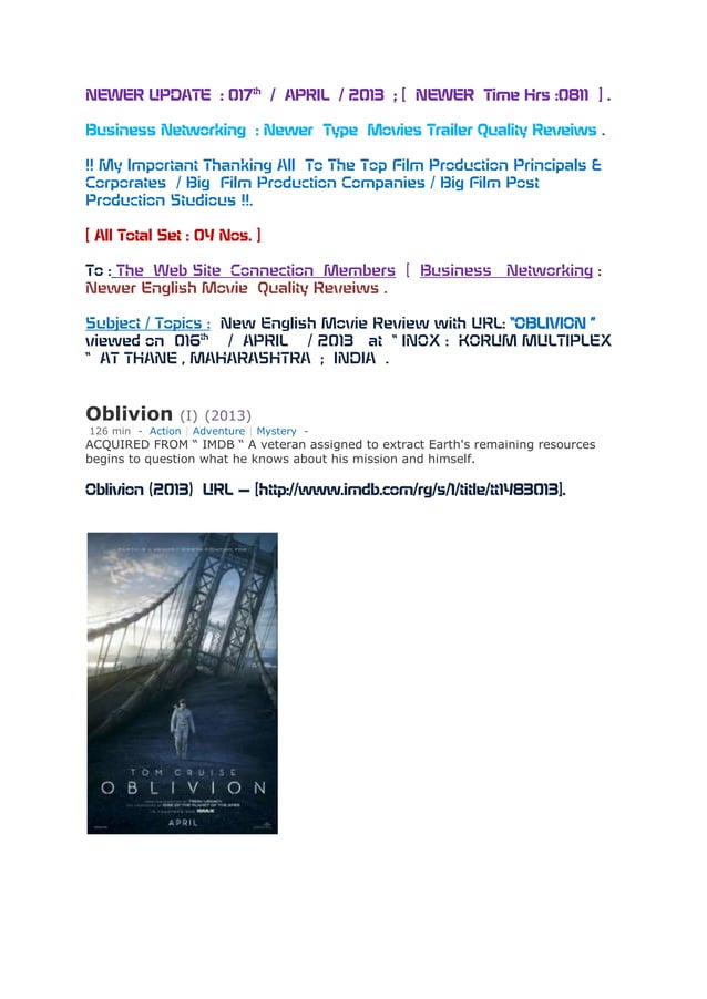 Newer update “oblivion 2013 ” new english movie review with url. | PDF