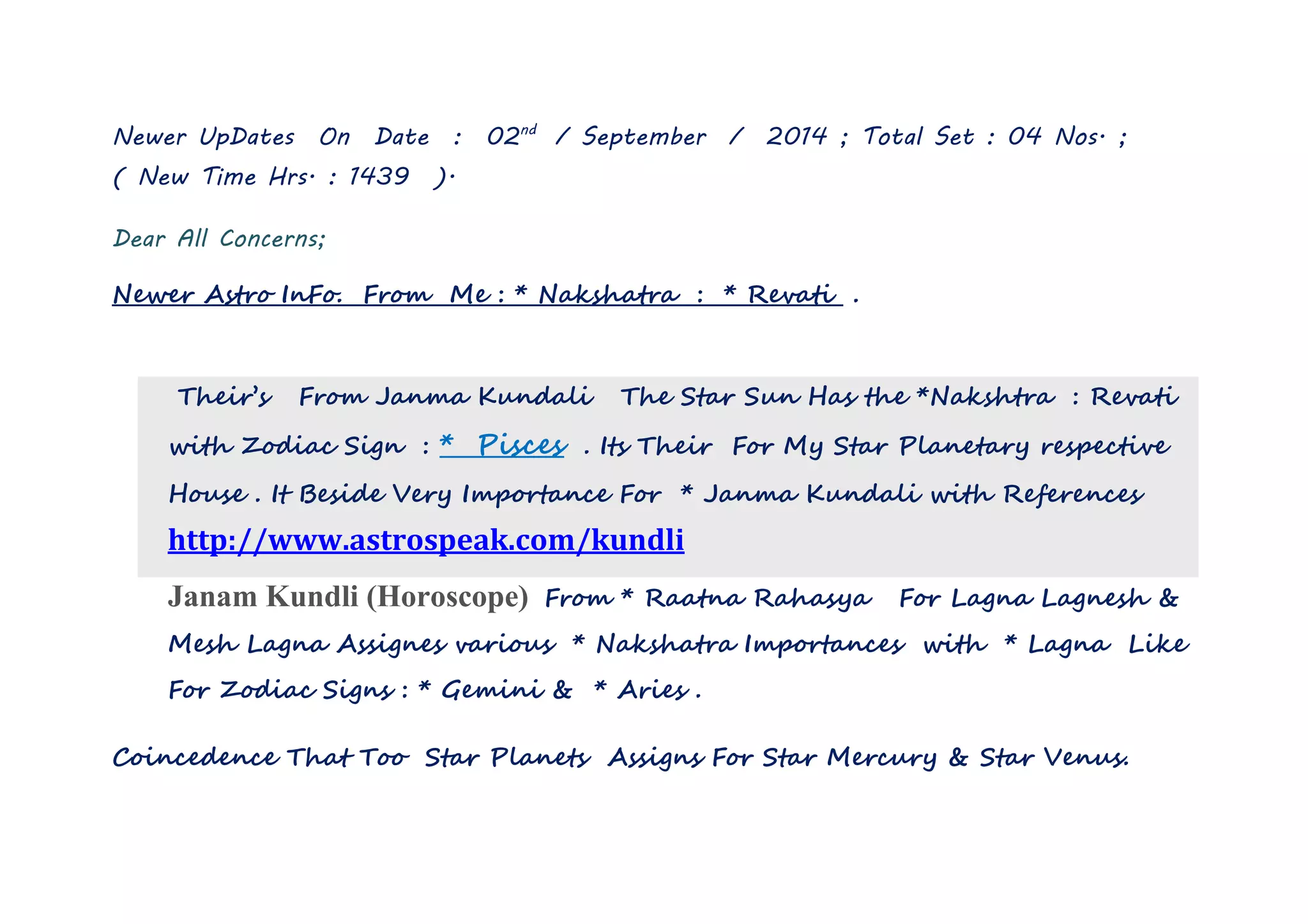 Newer up dates ( main information star nakshatra revati ( new time hrs ...