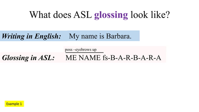 Glossing in ASL. What is it? Eight examples. | PPTX