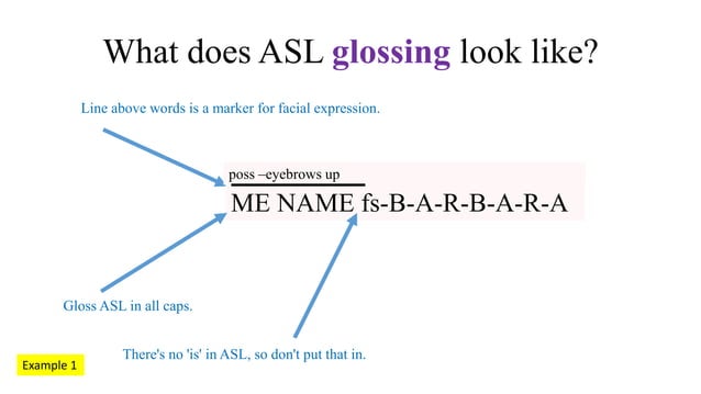 Glossing in ASL. What is it? Eight examples. | PPTX