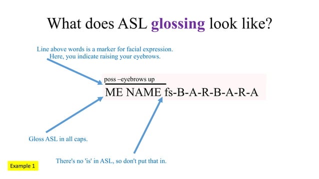 Glossing in ASL. What is it? Eight examples. | PPTX