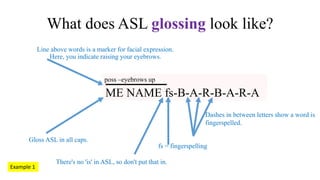 Glossing in ASL. What is it? Eight examples. | PPTX