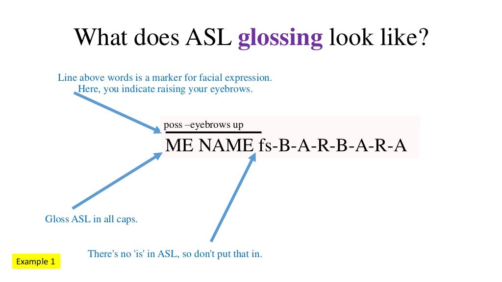 Glossing in ASL. What is it? Eight examples.