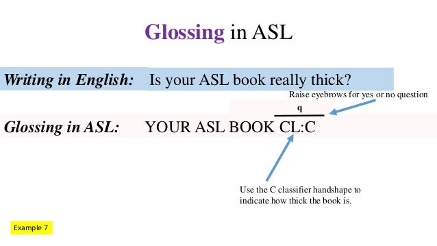 Glossing in ASL. What is it? Eight examples.