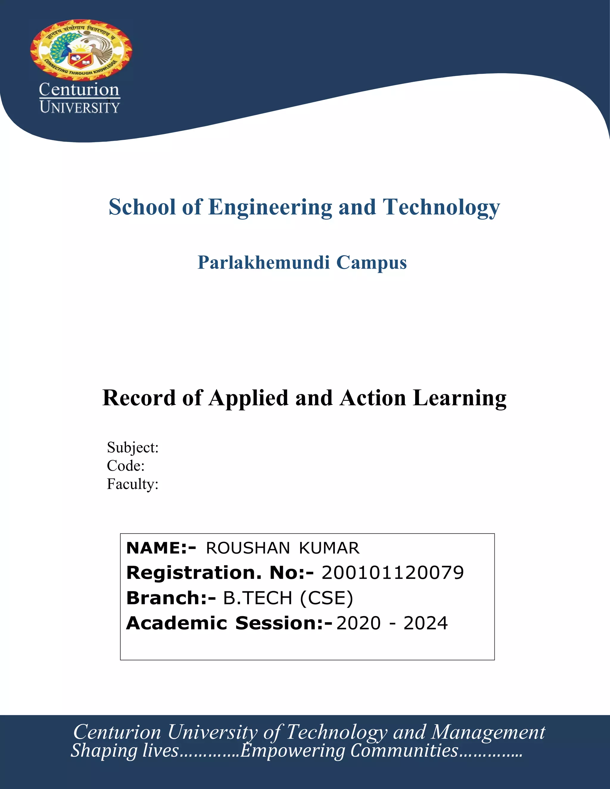 Roushan kumar Centurion University project formet | PDF | Professional School | Postgraduate ...