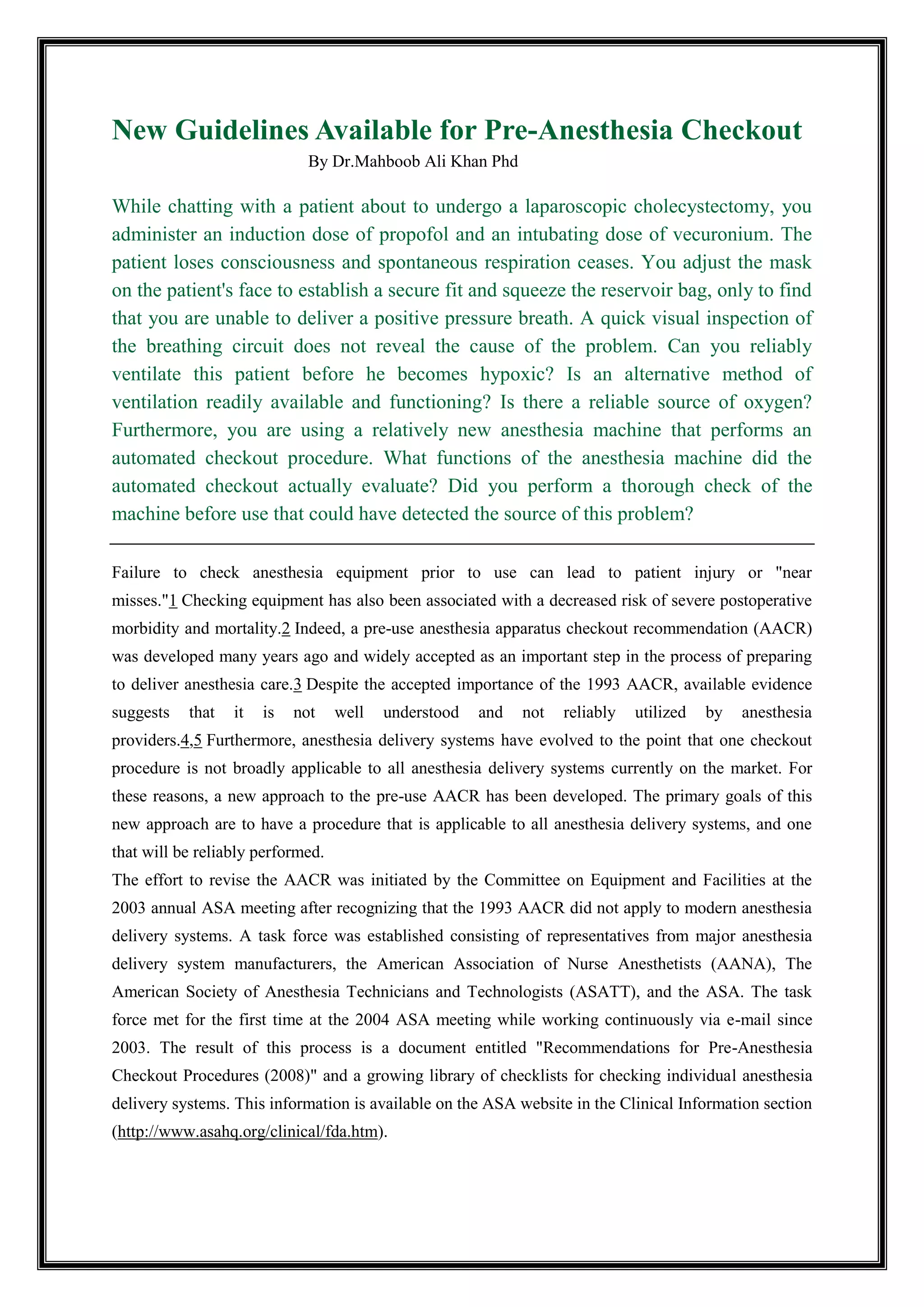 New Guidelines Available for Pre-Anesthesia Checkout | PDF | Lung and ...