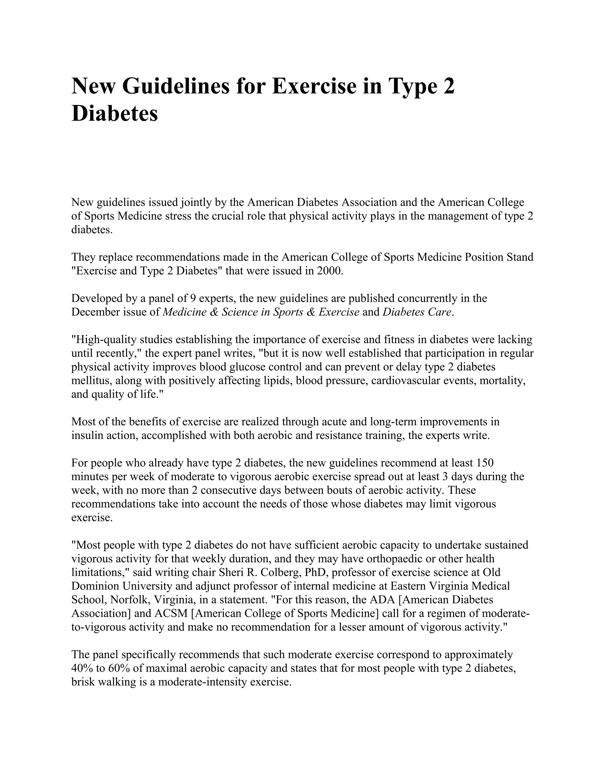 New guidelines for exercise in type 2 diabetes | DOC