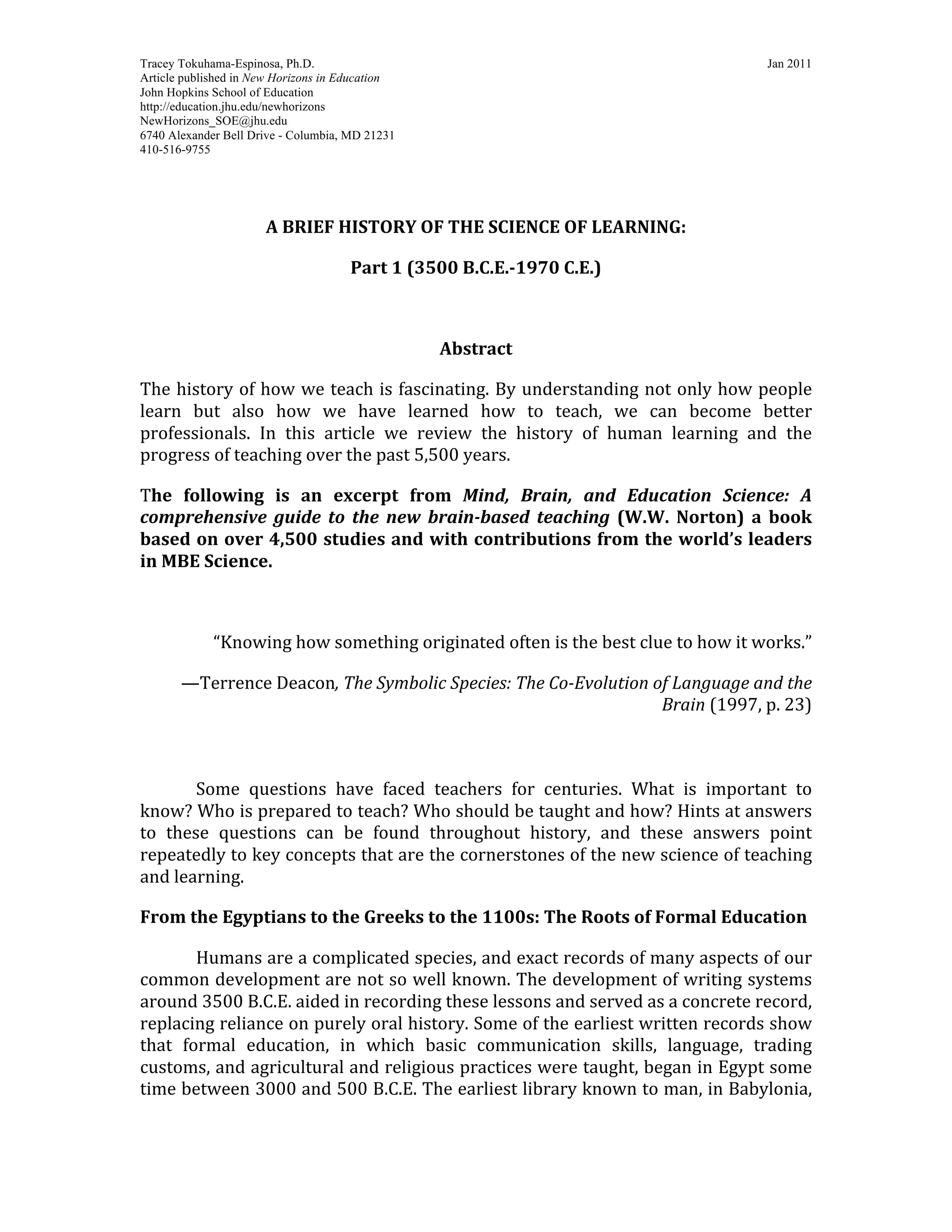 A brief history of the science of learning part 1. By Tracey Tokuhama ...