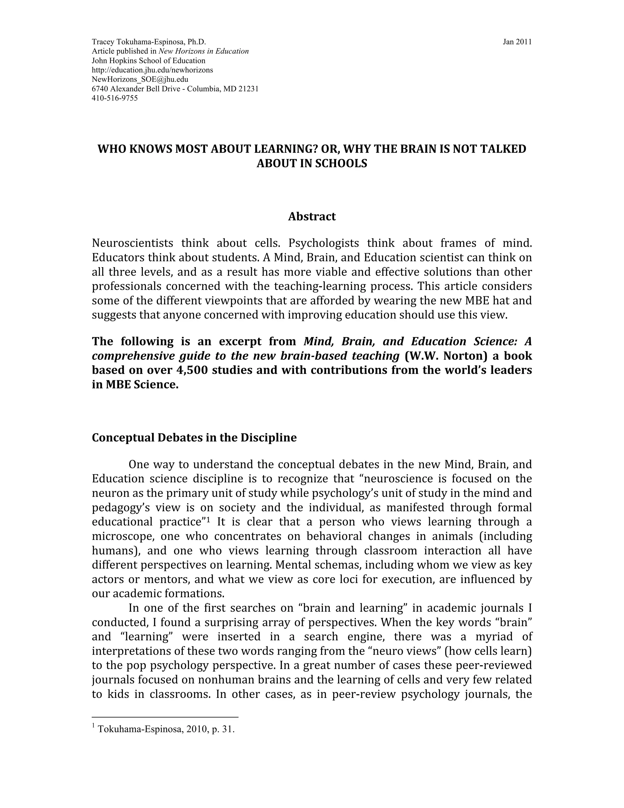 Who knows most about learning? By Tracey Tokuhama-Espinosa | PDF