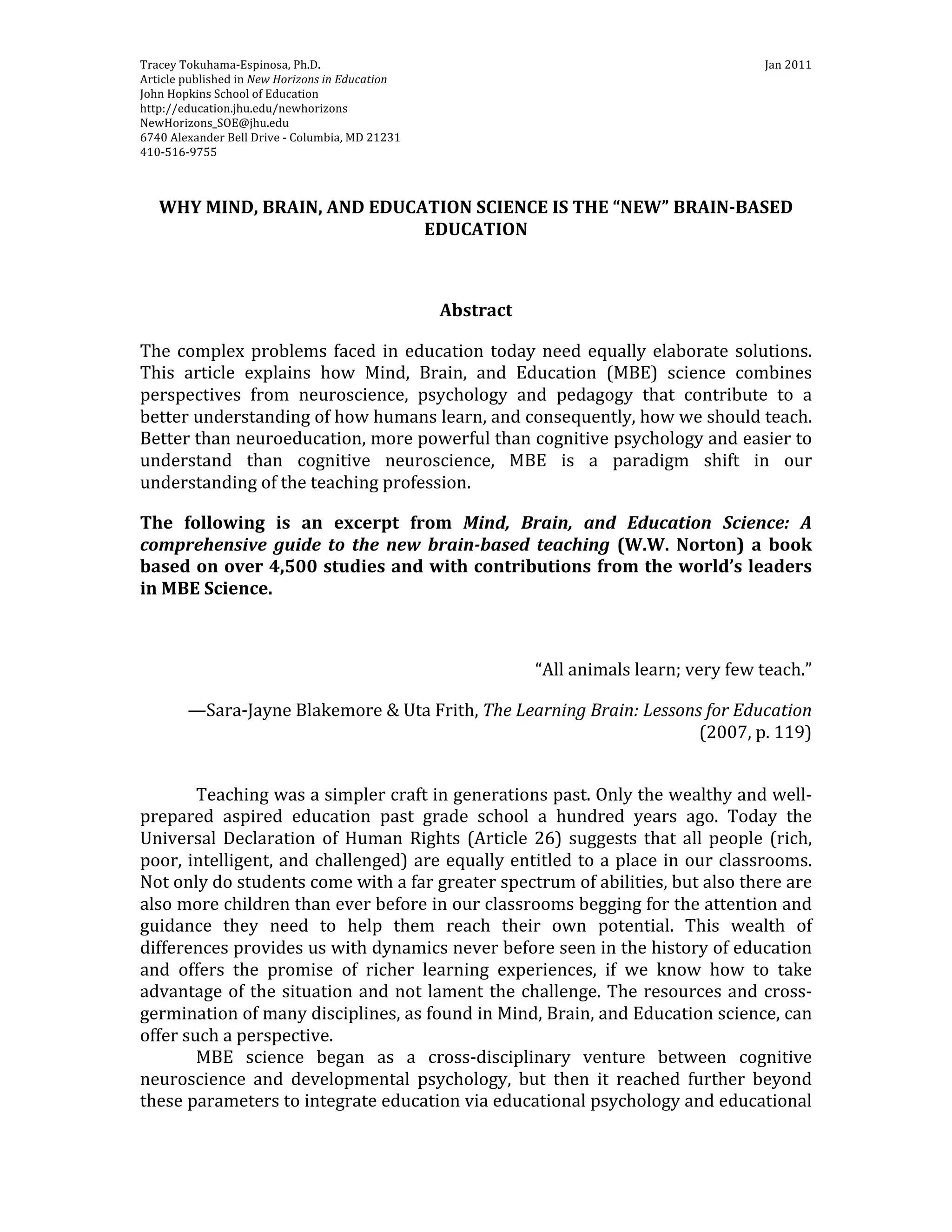 Why Mind, Brain and Education is the new Brain based Education. By ...