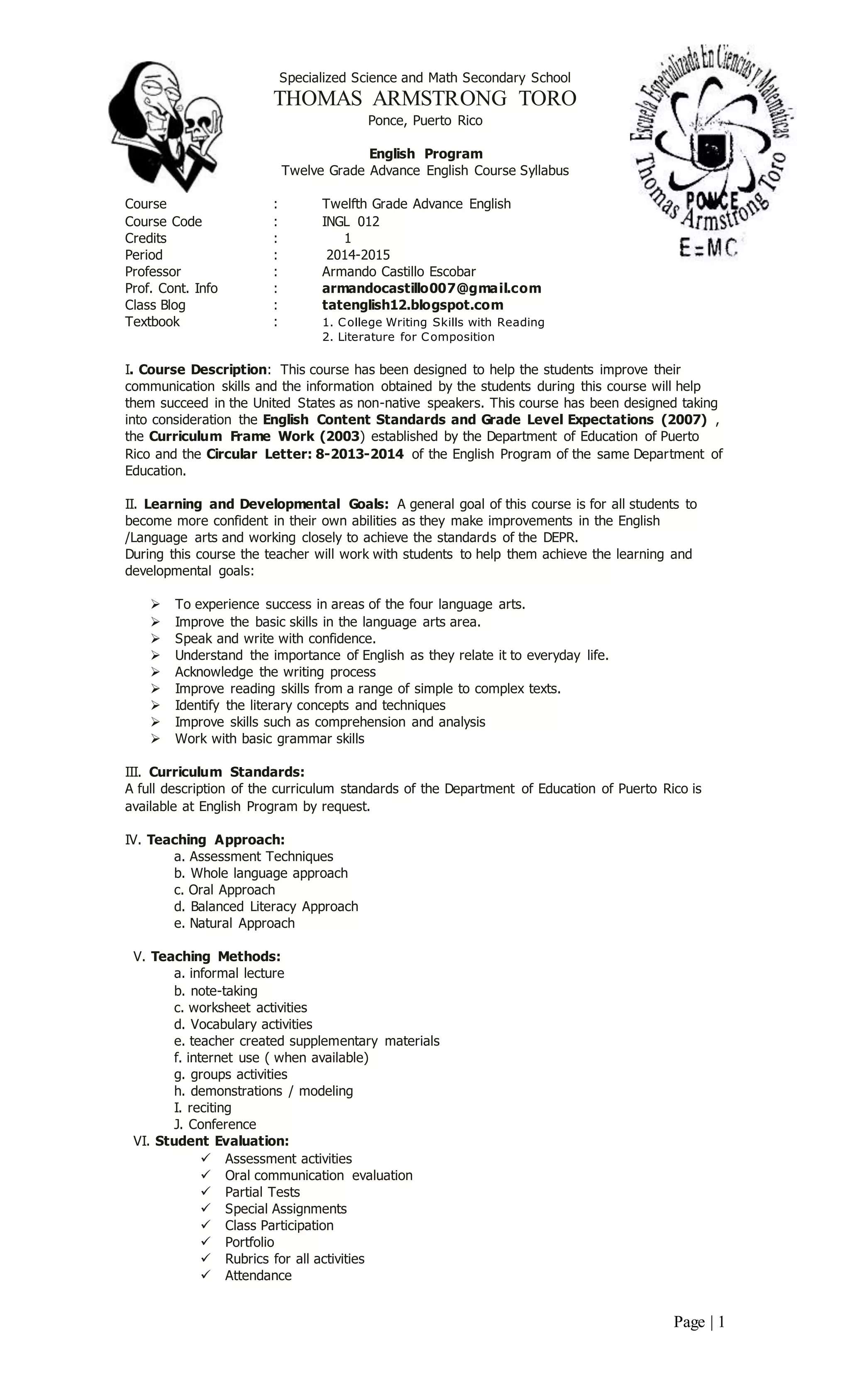 New ingl 12 syllabus | DOCX