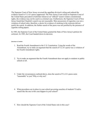 New Jersey v. T.L.O. - Is this a legal search? | DOCX