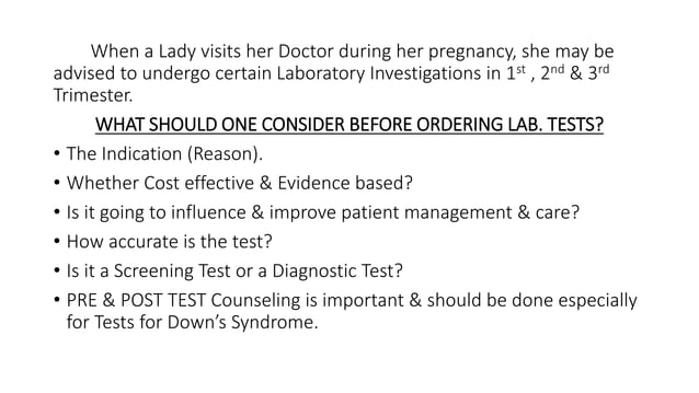 Common Lab Investigations in pregnancy specific to each Trimester ...