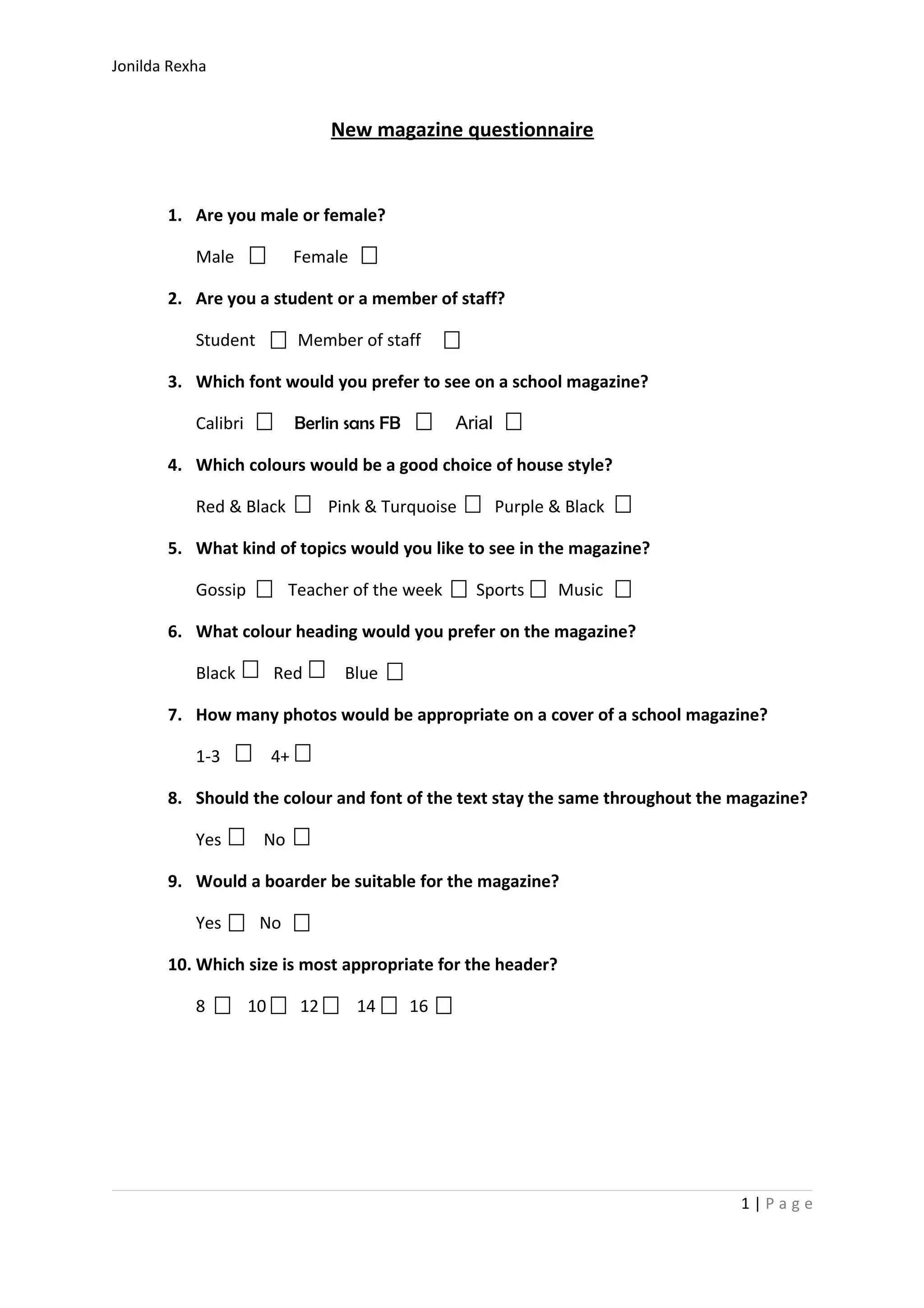 New magazine questionnaire | DOC