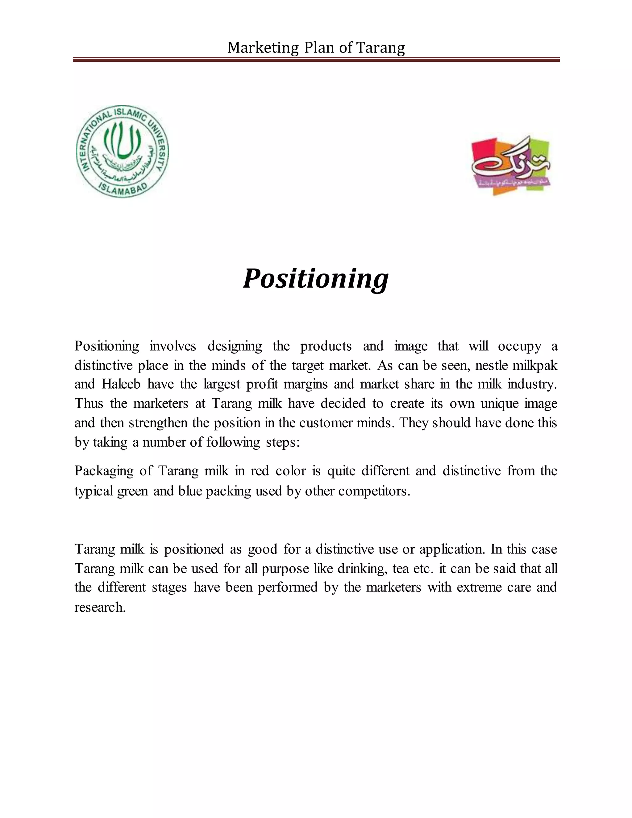 Marketing plan of Tarang | DOCX