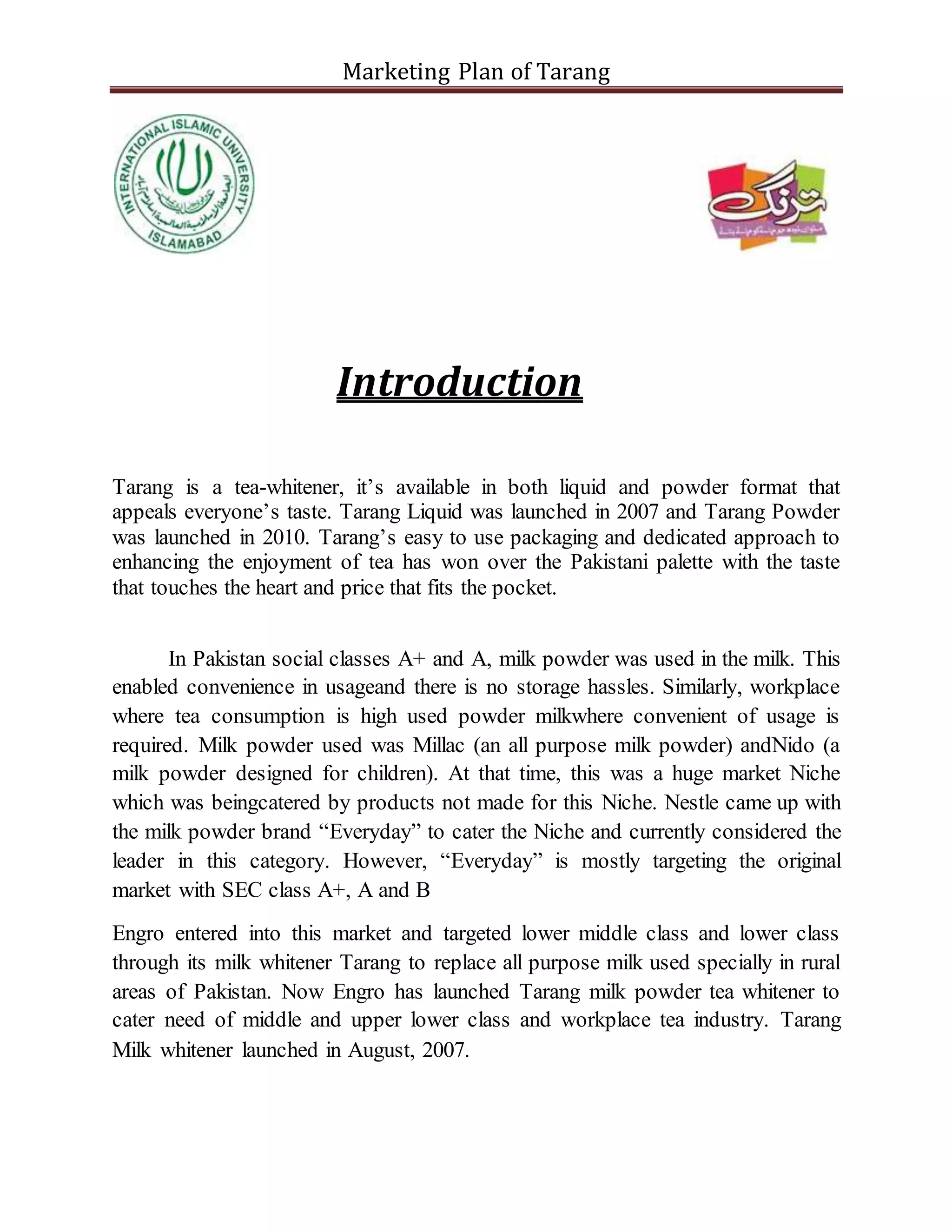 Marketing plan of Tarang | DOCX