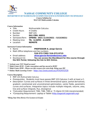 NEW MAT225 2021 Spring Syllabus | PDF