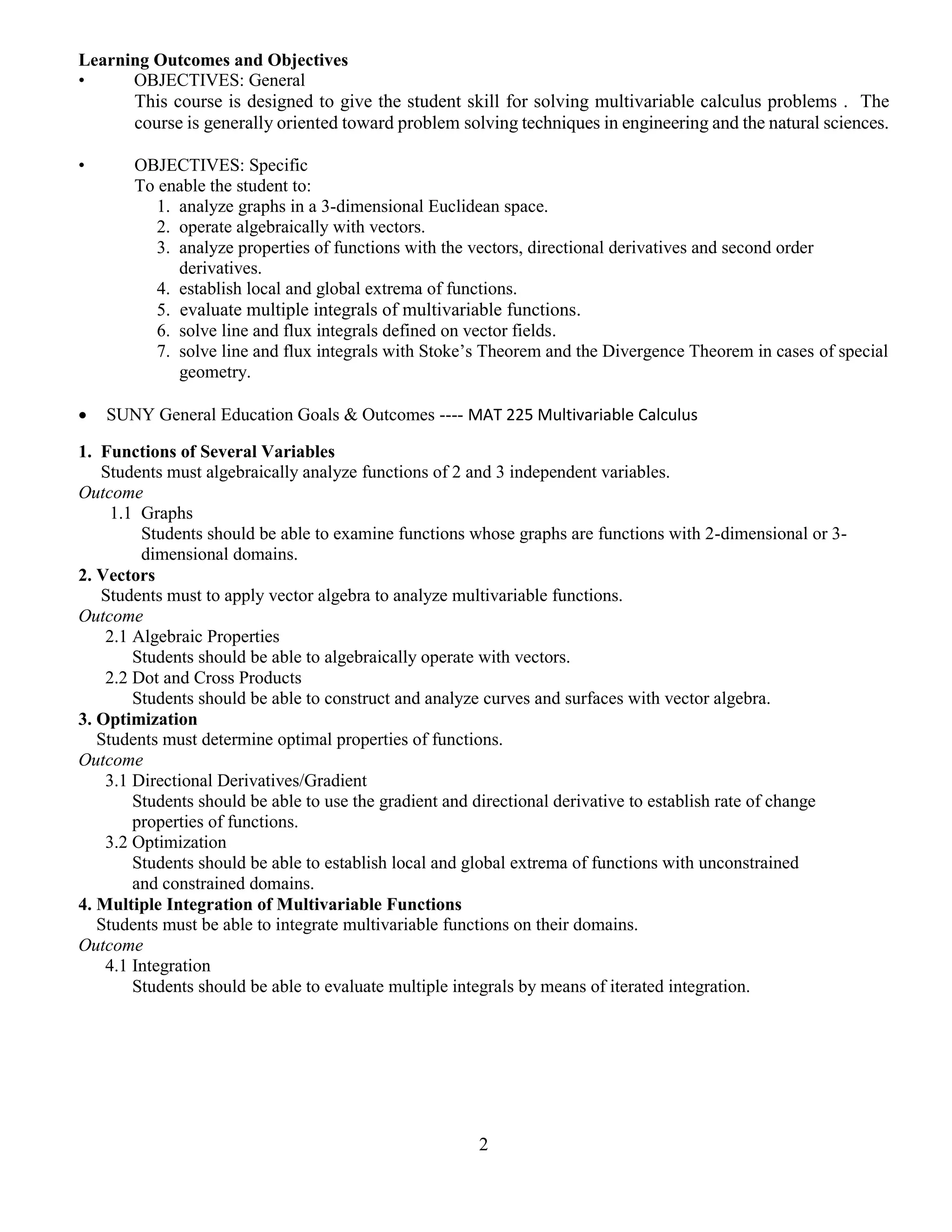 SYLLABUS: MAT225 MULTIVARIABEL CALCULUS WITH HARVARD TEXT 6th EDITION ...