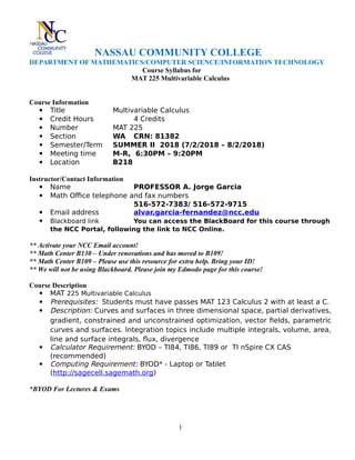 NEW MAT225 Multivariable Calculus Syllabus NCC SII 2018 | PDF