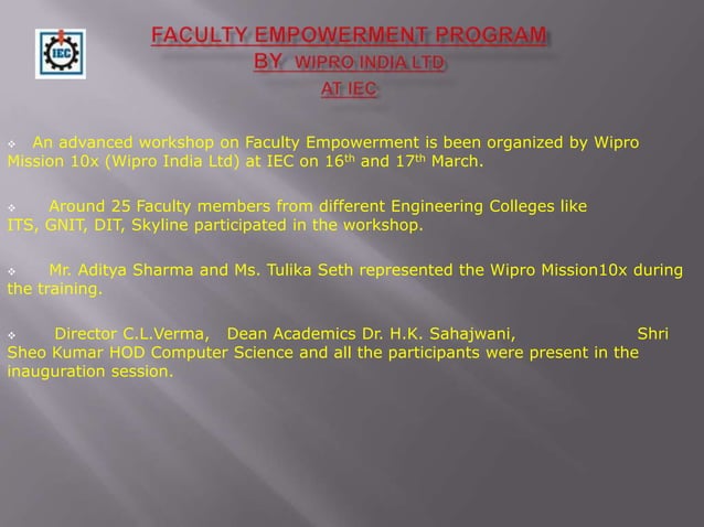 faculty empowerment program organised by Wipro at IEC Group of institutions | PPTX