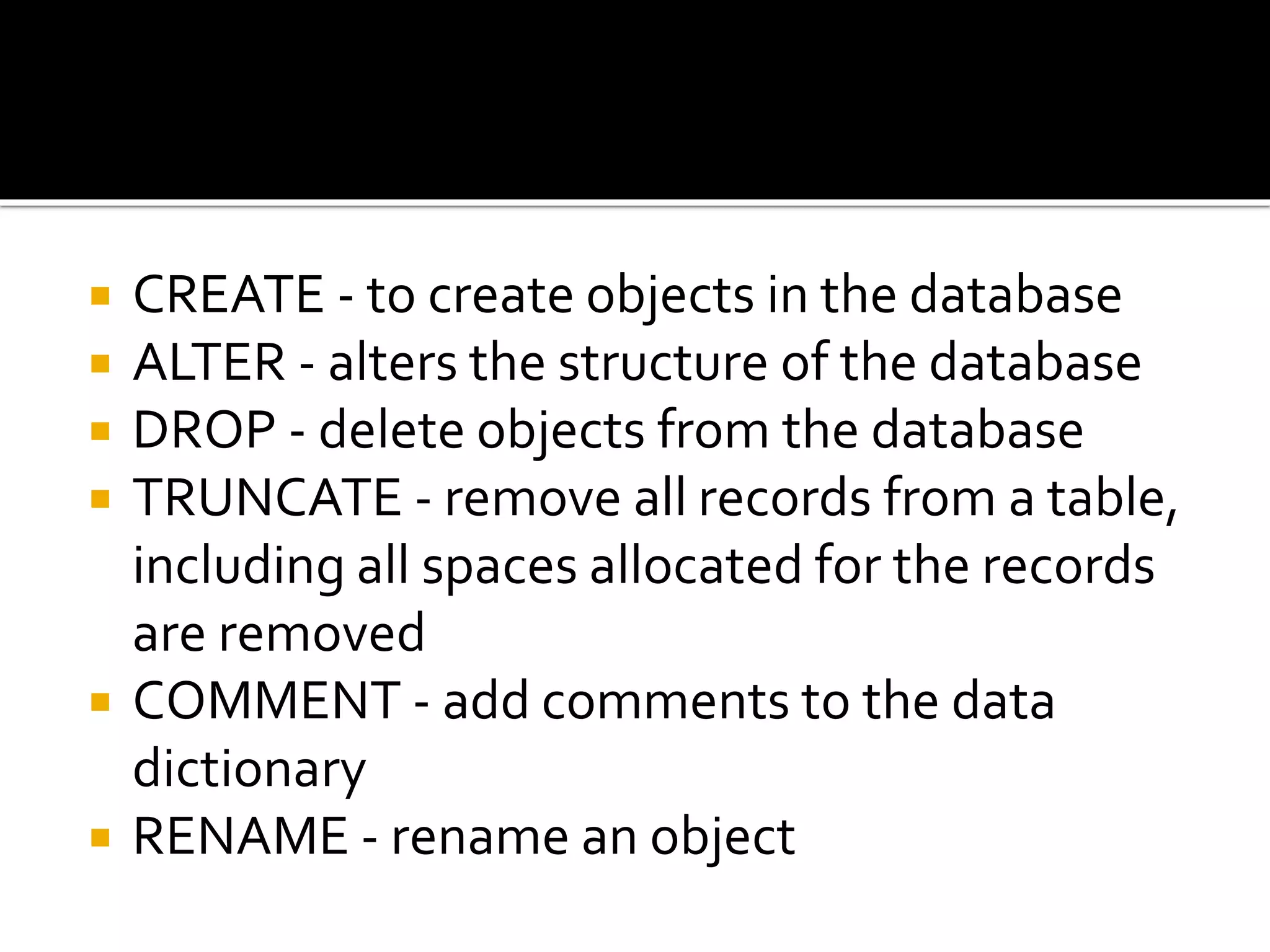 Dml Ddl Dcl Drldql And Tcl Statements In Sql With Examples Ppt