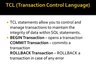 DML, DDL, DCL ,DRL/DQL and TCL Statements in SQL with Examples | PPTX
