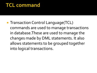 DML, DDL, DCL ,DRL/DQL and TCL Statements in SQL with Examples | PPTX