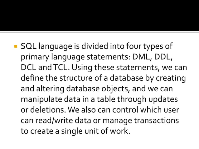 DML, DDL, DCL ,DRL/DQL and TCL Statements in SQL with Examples | PPTX