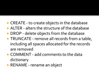 DML, DDL, DCL ,DRL/DQL and TCL Statements in SQL with Examples | PPTX
