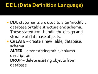 DML, DDL, DCL ,DRL/DQL and TCL Statements in SQL with Examples | PPT