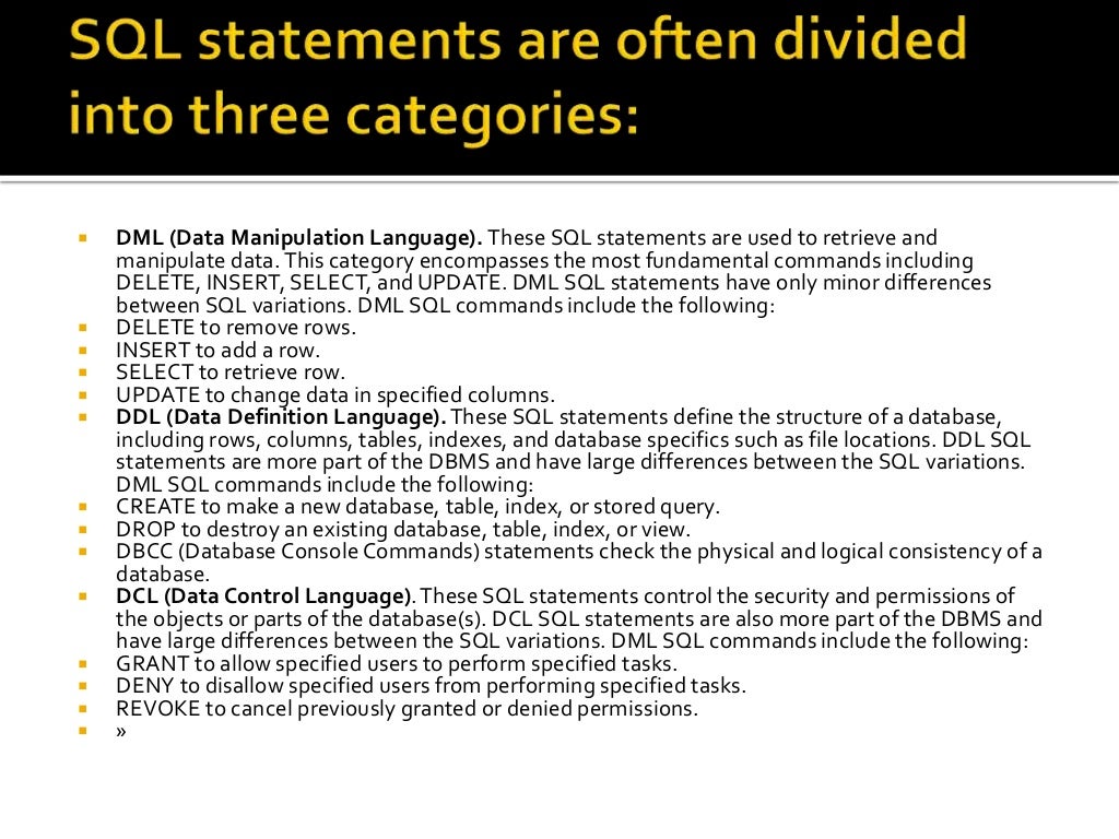 Dml Ddl Dcl Drldql And Tcl Statements In Sql With Examples