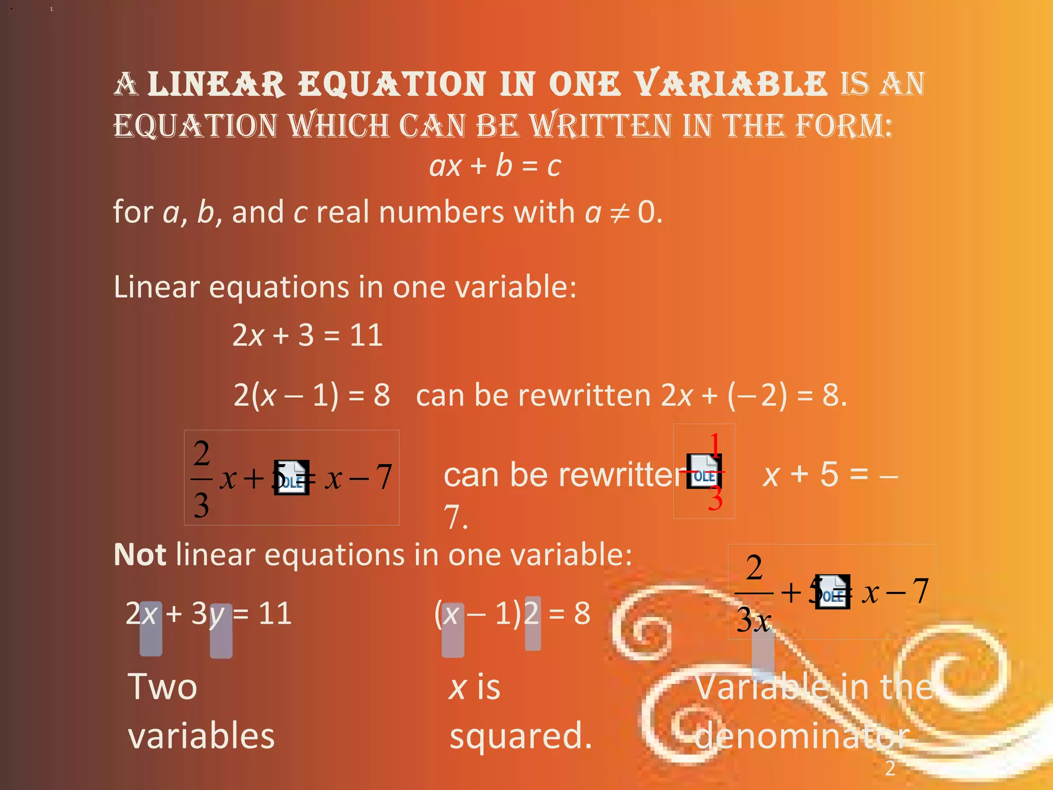 Linear Equation in one variable - Class 8 th Maths | PPT