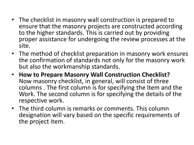 CHECKLIST FOR BRICK WALL CONSTRUCTION | PPTX