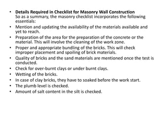 CHECKLIST FOR BRICK WALL CONSTRUCTION | PPTX