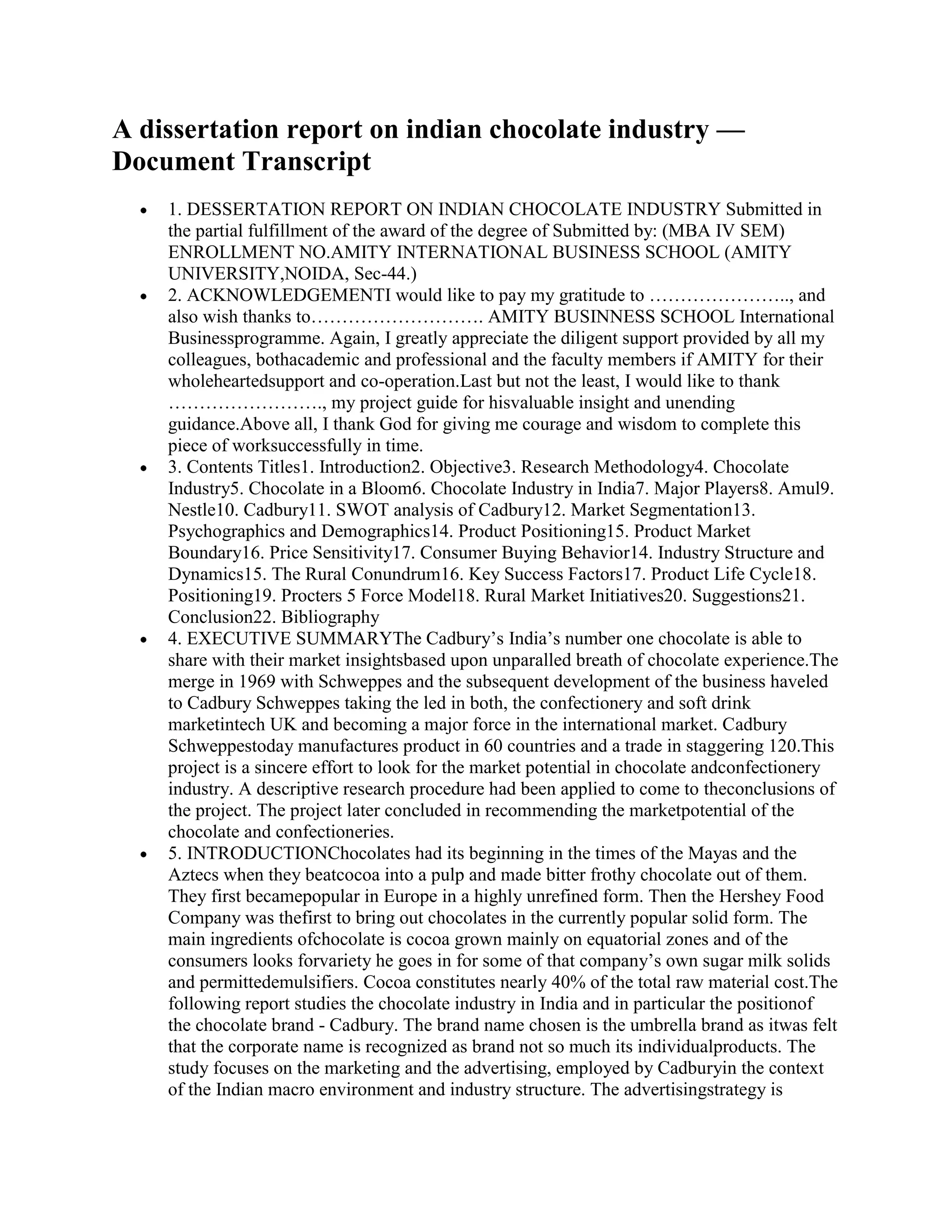 report on indian chocolate industry — Document Transcript | DOCX