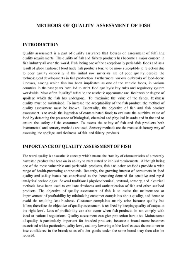 METHODS OF QUALITY ASSESSMENT OF FISH | DOCX | Pet Supplies | Pets