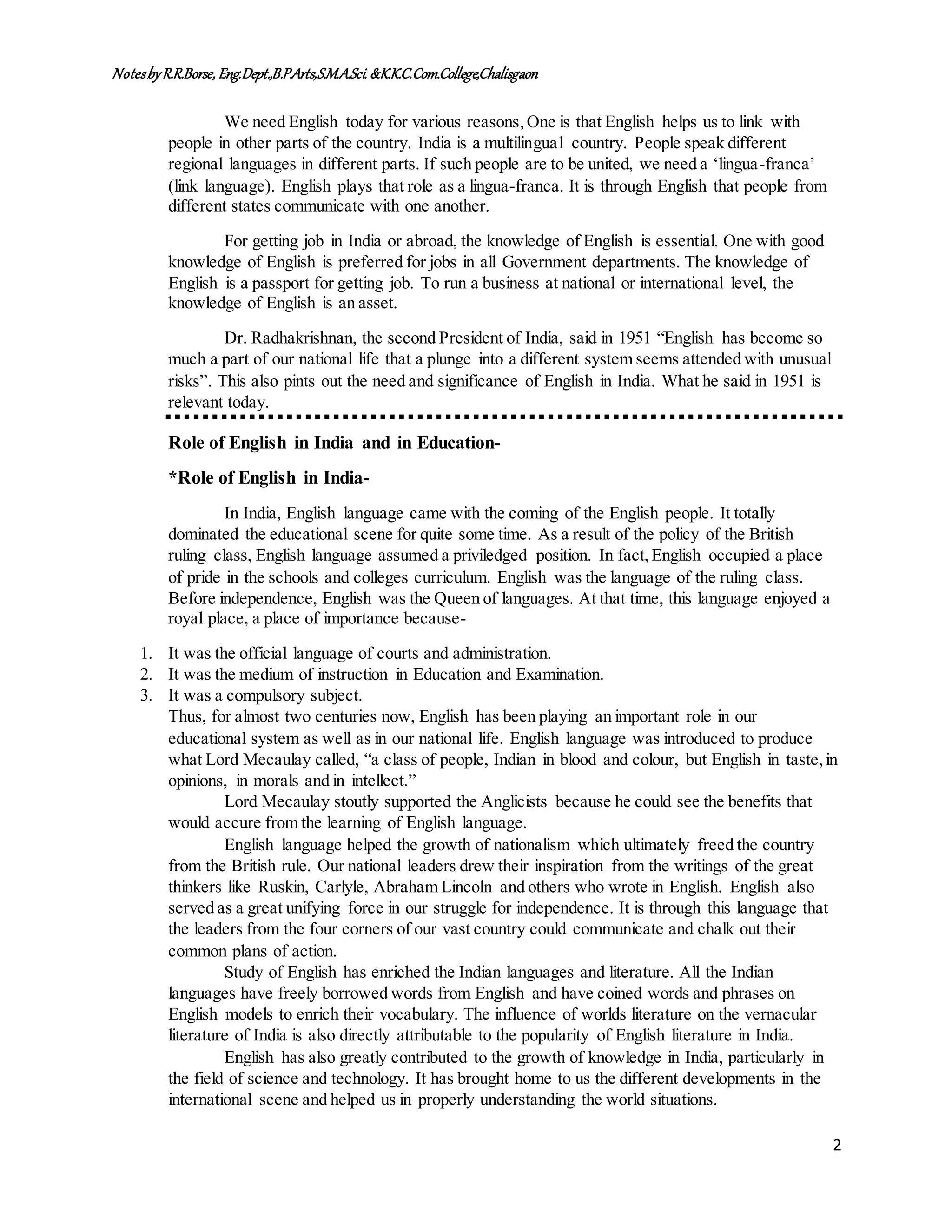 Importance of English Language and its educational objectives in ...