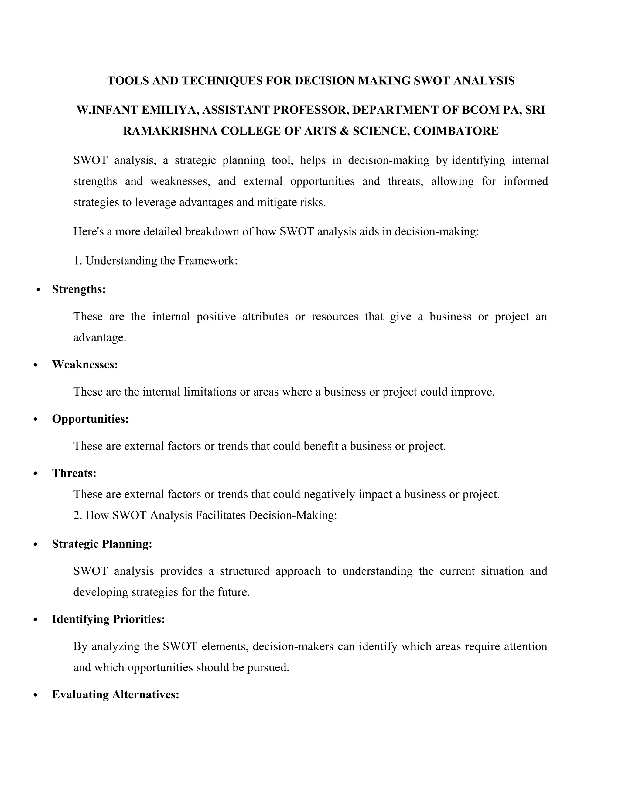 Tools and Techniques for Decision Making SWOT Analysis | PDF