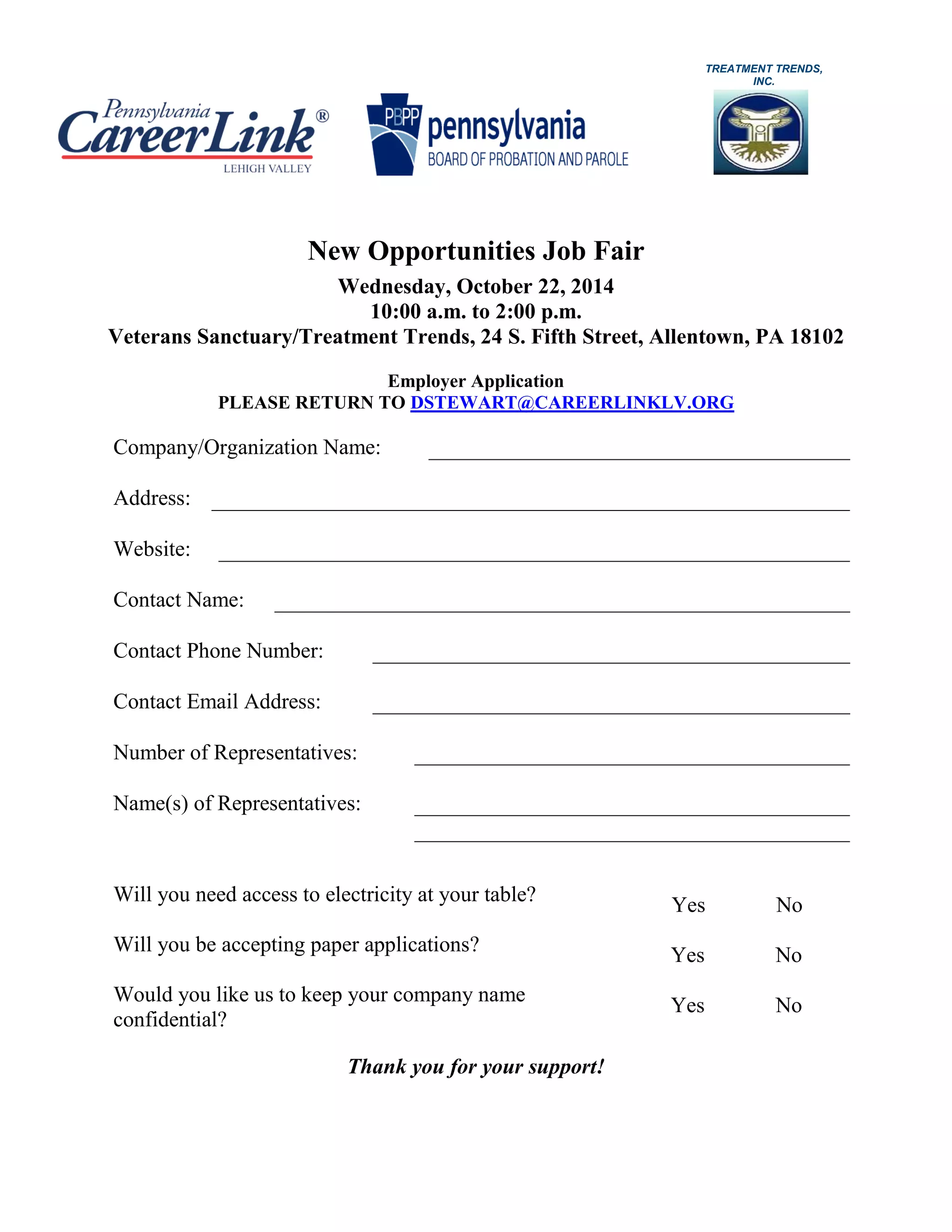 New Opportunities Job Fair application sheet | PDF