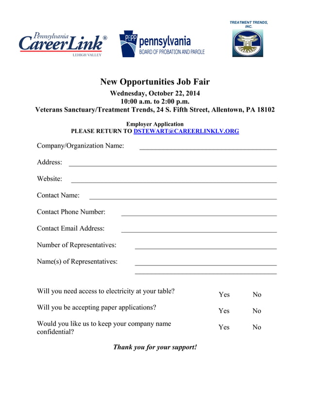 New Opportunities Job Fair application sheet | PDF