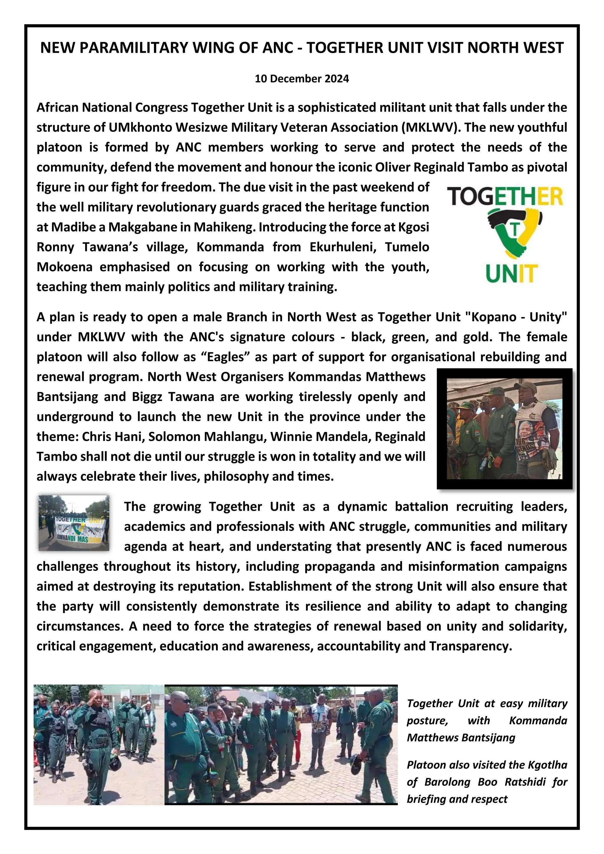 NEW PARA MILITARY WING OF ANC - TOGETHER UNIT VISIT NORTH WEST BY ...