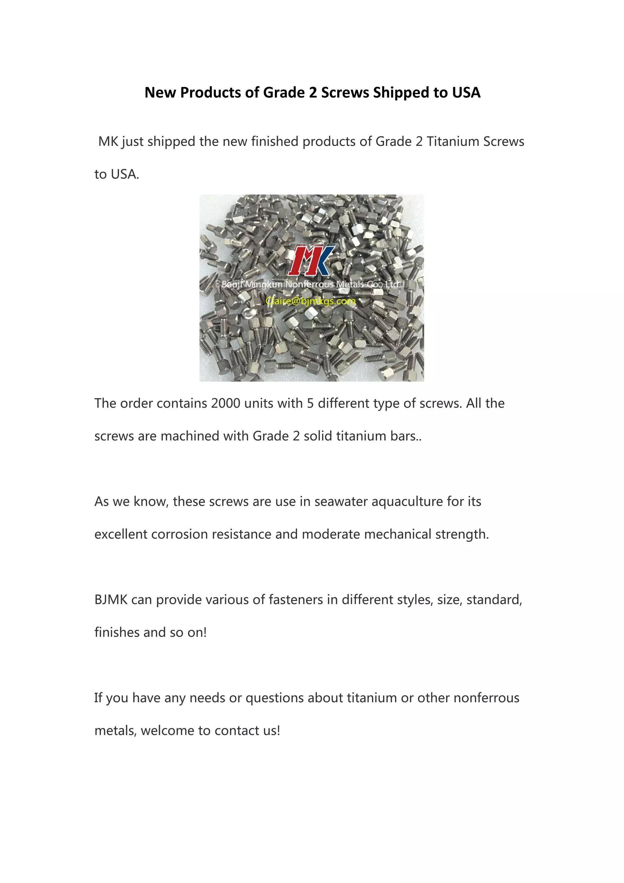 New products of grade 2 screws shipped to usa | PDF