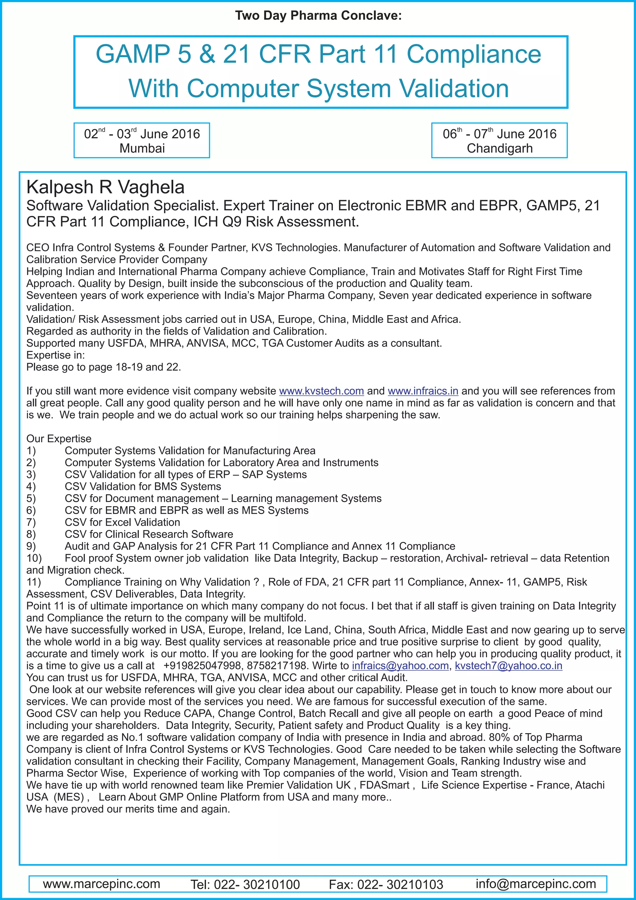 New program at mumbai gamp 5 & 21 cfr part 11 compliance with csv training | PDF