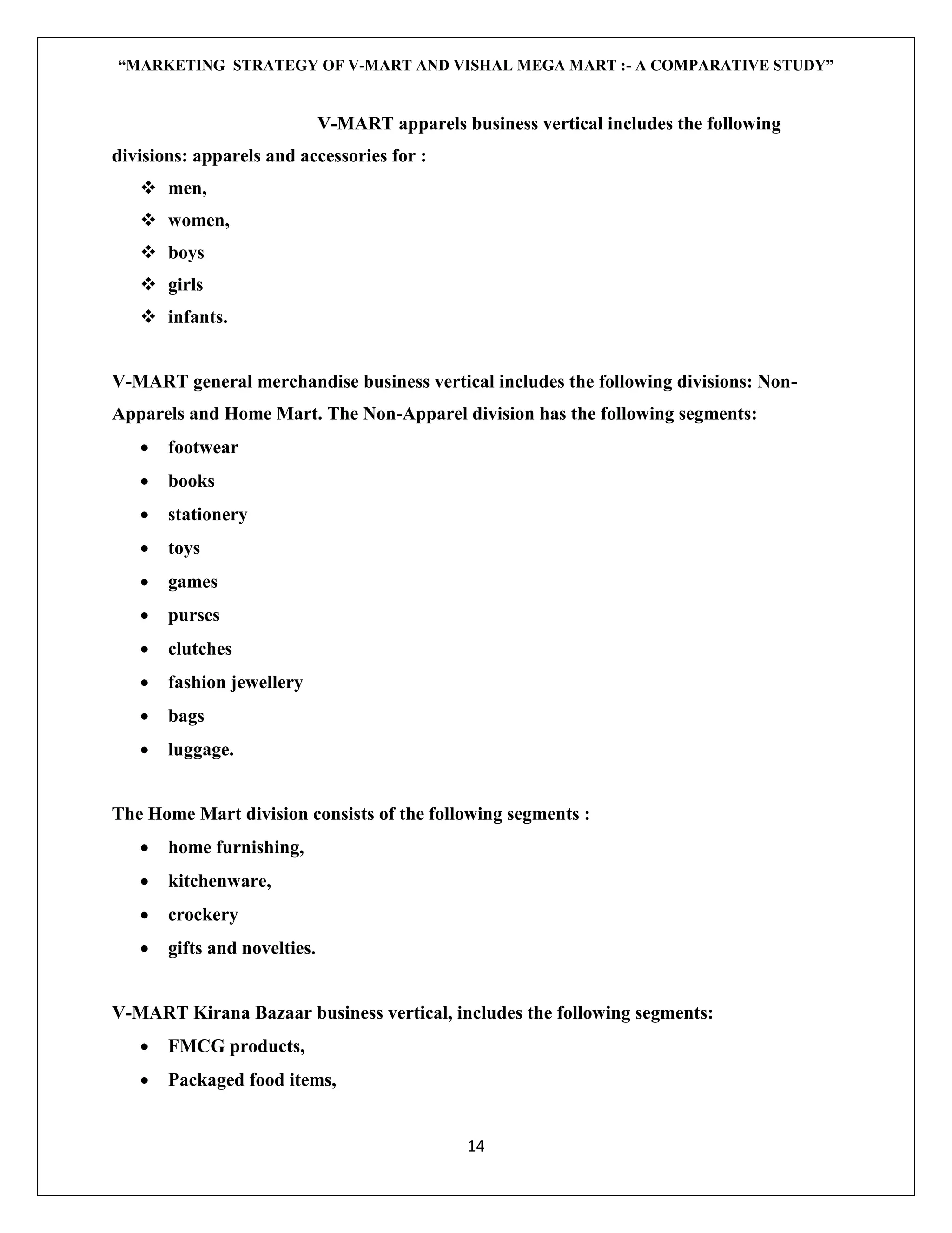 Dissertation project on “MARKETING STRATEGY OF V-MART AND VISHAL MEGA ...