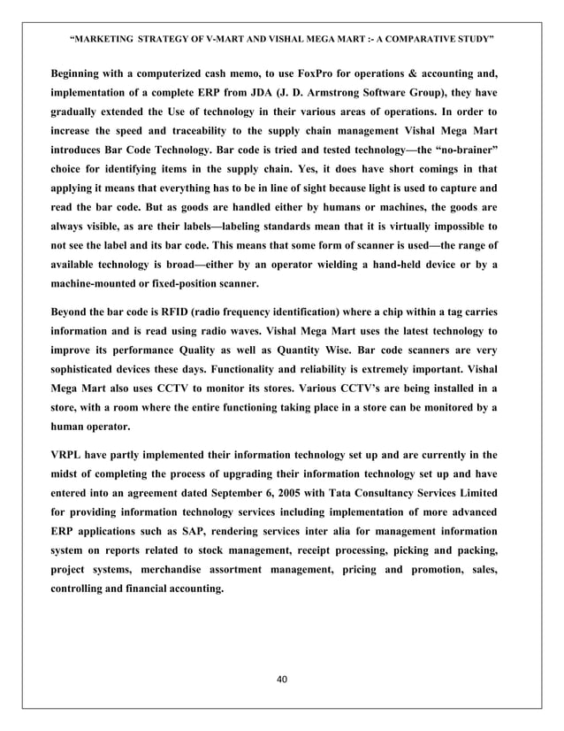 Dissertation project on “MARKETING STRATEGY OF V-MART AND VISHAL MEGA MART :- A COMPARATIVE ...