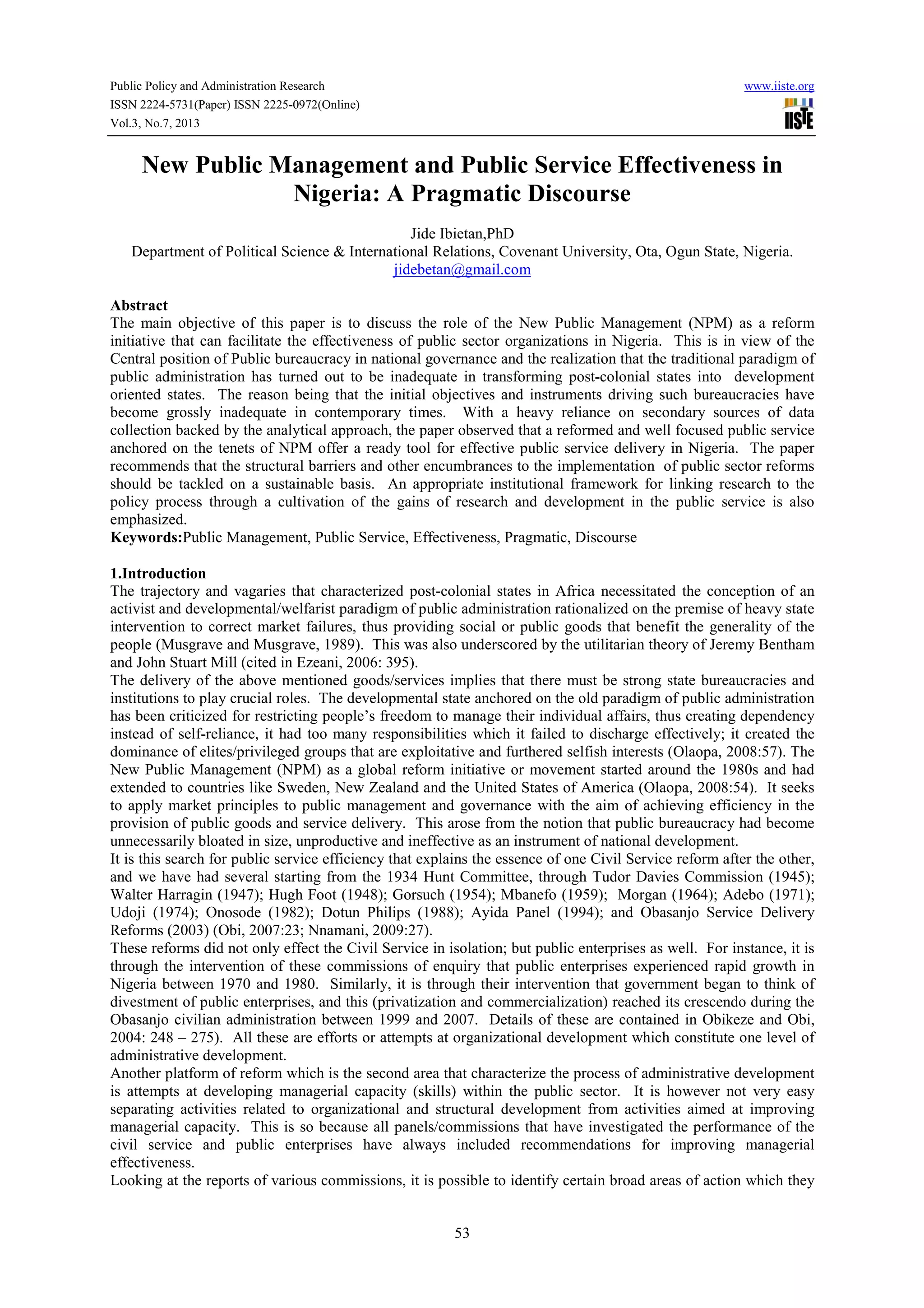 New public management and public service effectiveness in nigeria a pragmatic discourse | PDF