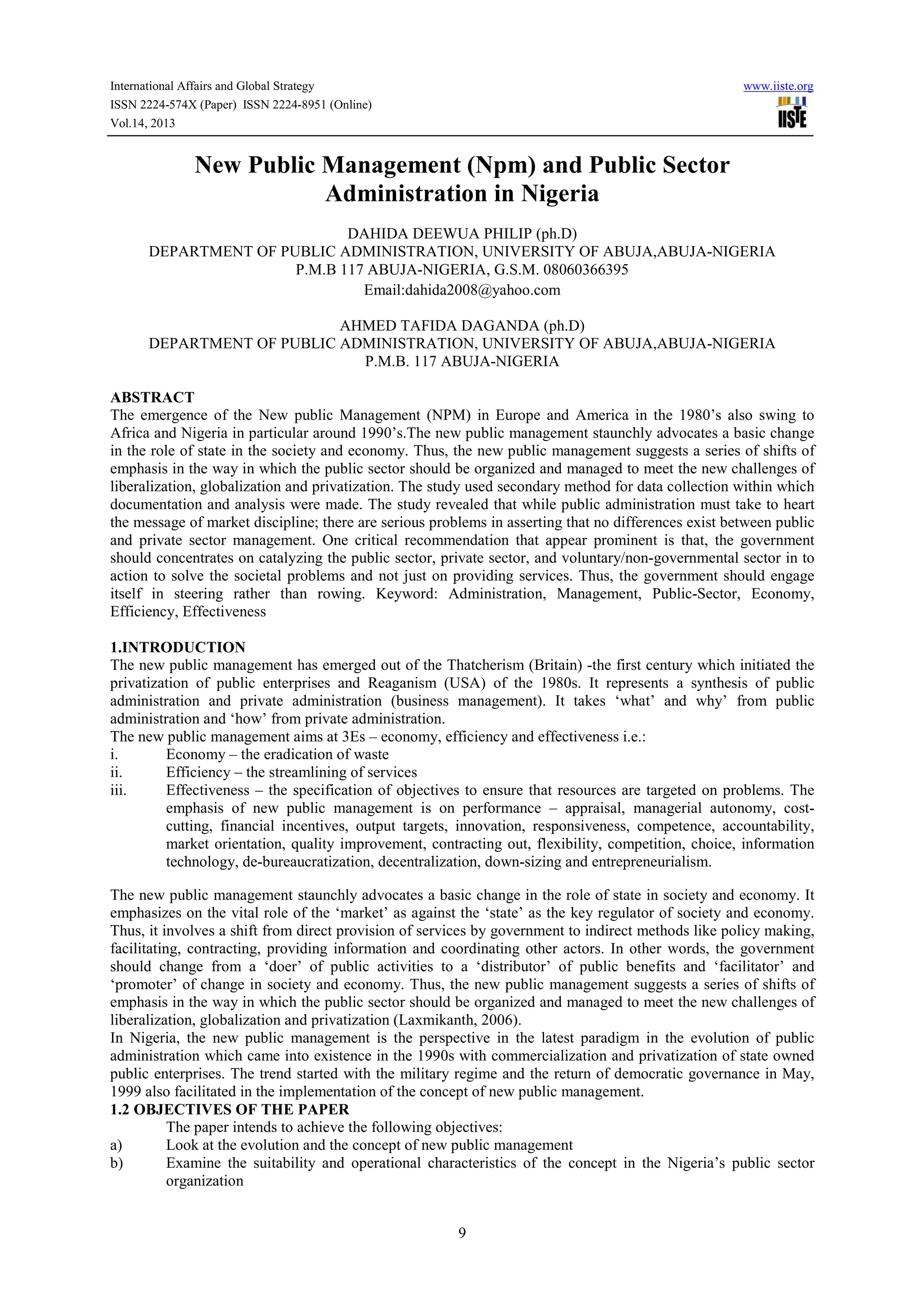 New public management (npm) and public sector administration in nigeria | PDF