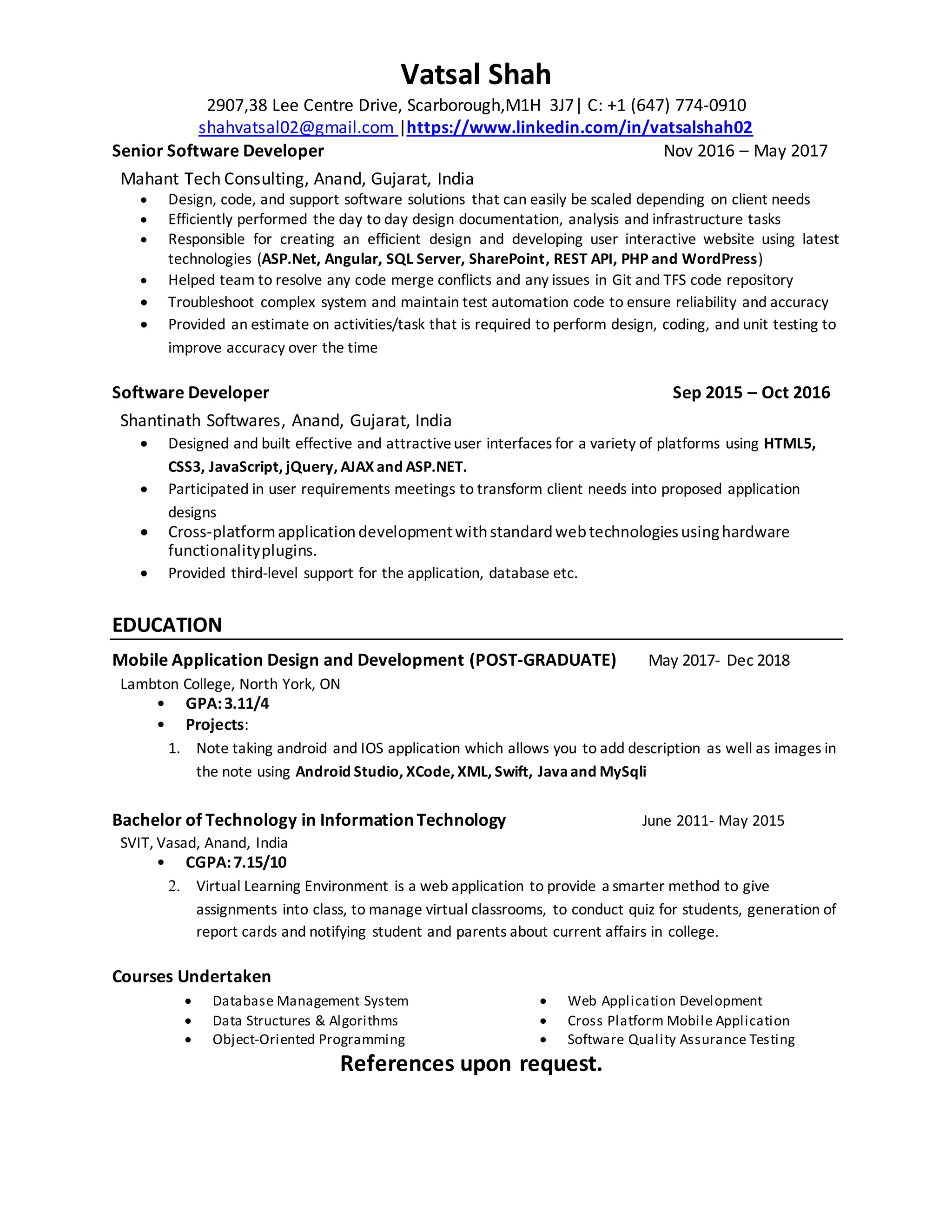 ServiceNow Developer Vatsal Resume | DOCX