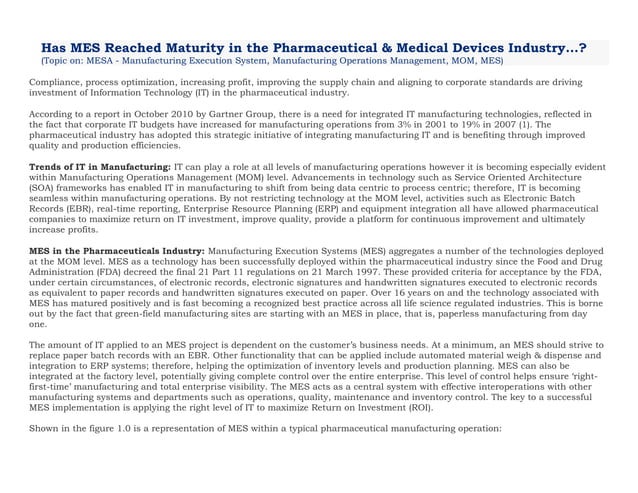 Has MES Reached Maturity in the Pharmaceutical & Medical Devices ...